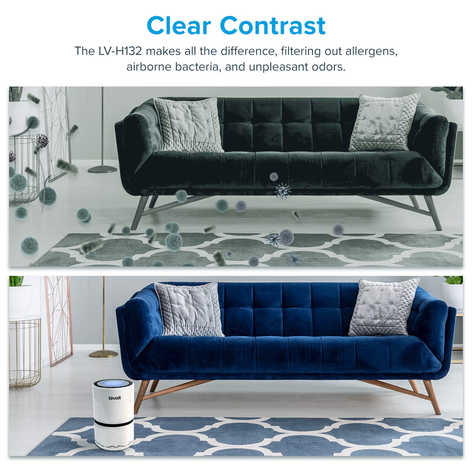 LEVOIT Air Purifiers for Home Smokers Allergies and Pets Hair, Quiet in Bedroom, Filtration System Cleaner Eliminators, Odor Smoke Dust Mold, Night Light, LV-H132, 2 Pack, White