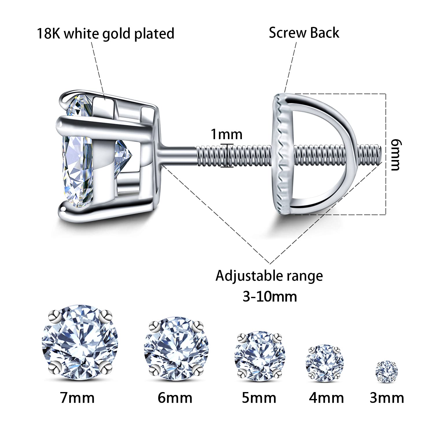 Pack of Screw Back Earrings 18K Gold Plated Cubic Zirconia CZ Simulated Diamond Studs for Women Men Hypoallergenic for Sensitive Ears Helix Piercing Post