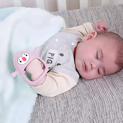 Wearable Penguin Teether, Never Drop Silicone Baby Teething Toy for Infants, Chew Toys for Sucking Needs, Hand Pacifier for Breast Feeding Babies, Car Seat Toy for New Born (Pink)