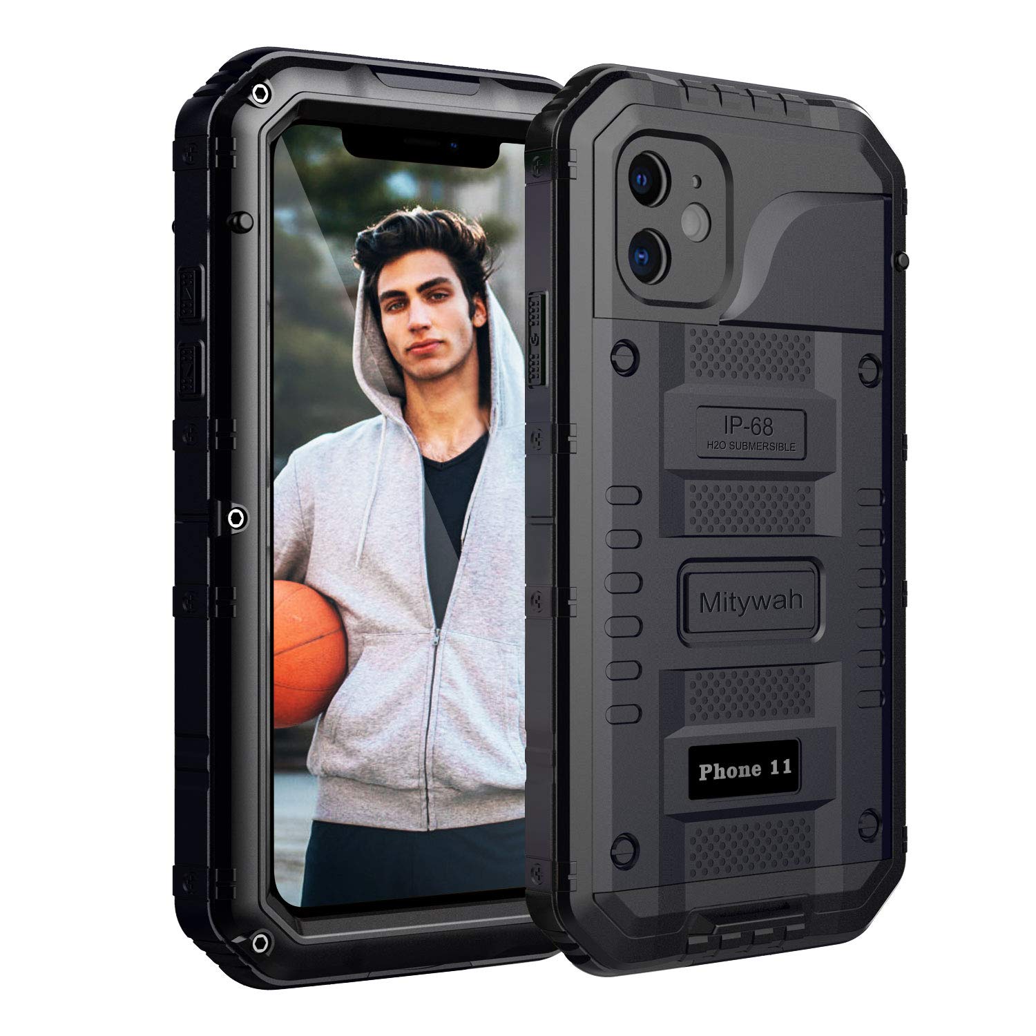 Mitywah Waterproof Case for iPhone 11, Heavy Duty Durable Metal Full Body Protective Case Built-in Screen Protection Waterproof Shockproof Dustproof Rugged Military Grade Defender, Black