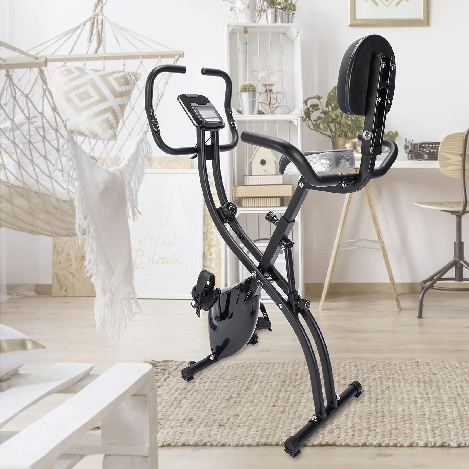 Obenater Folding Exercise Magnetic Bike Adjustable Height Comforable Seat with Pulse Sensor/LCD Monitor, Perfect for Home Use (S-Backrest)