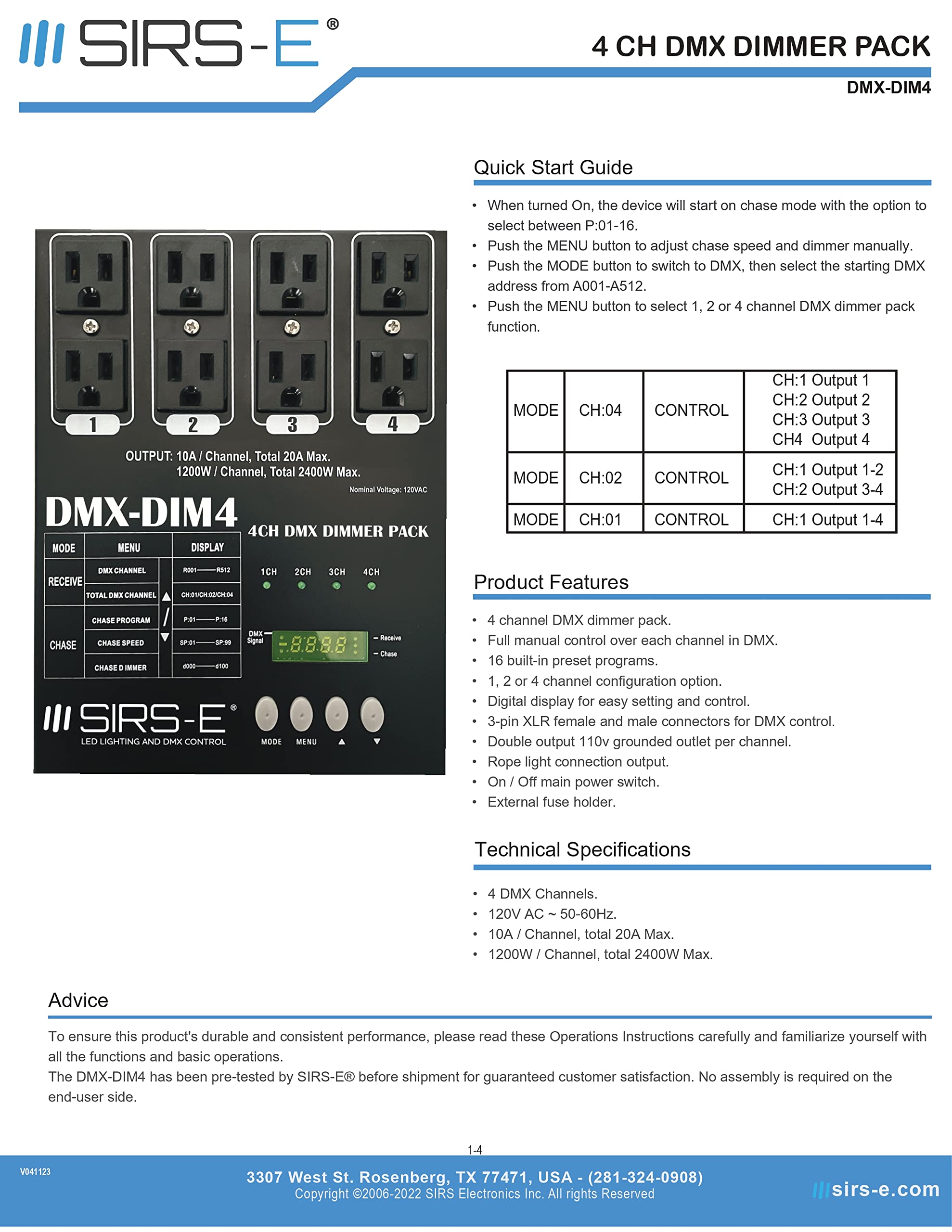 SIRS-E DMX-DIM4 4 Channel DMX Dimmer Pack Double Output