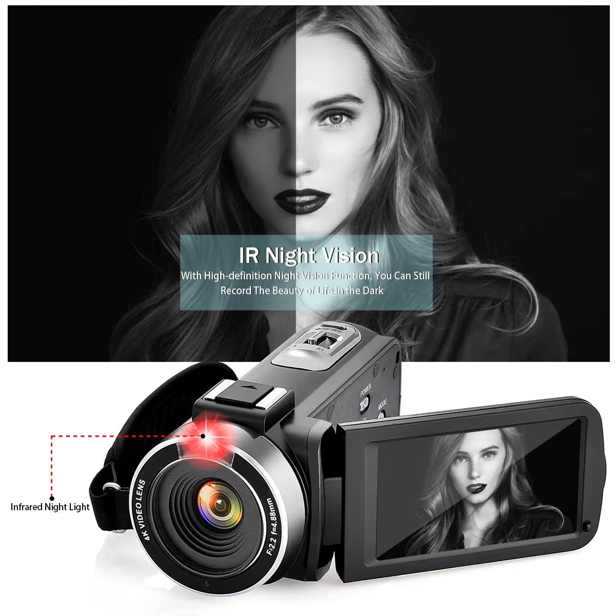 OIEXI 4K Camera for YouTube Videos HD Camcorder with LED Light Digital Vlog Camera with 16X Digital Zoom and Night Vision, Video Recorder with Microphone,(Blue,2 Batteries Included)
