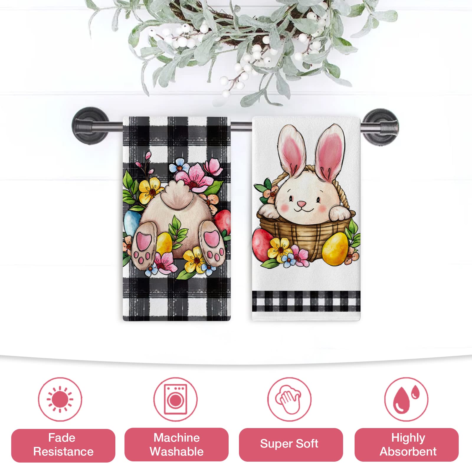 Seliem Easter Bunny Rabbit Kitchen Dish Towel Set of 2, Cute Eggs Flowers Hand Towel Black White Buffalo Plaid Check Drying Baking Cooking Cloth, Funny Spring Holiday Kitchen Decor 18x26 Inches