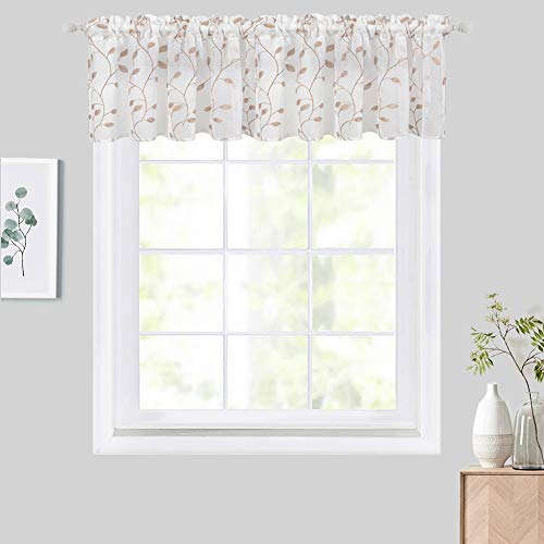 MIULEE Semi Sheer Short Kitchen Valance for Small Window Embroidered Cafe Dining Room Bathroom Panel 1 Piece W 60 x L 18 Brown