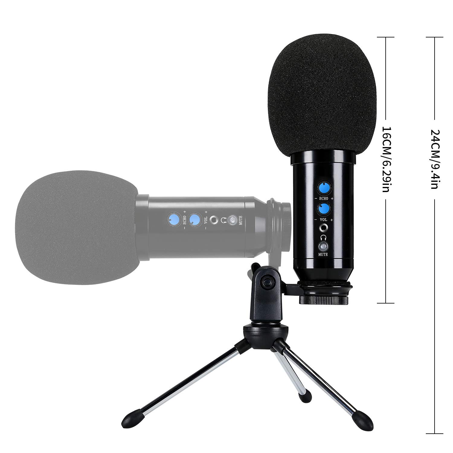 Microphone for PC and Phone, EXJOY Tripod Condenser Microphone with Type-C Adapter and 3.5mm Headphone Jack, for YouTube, Vlog, Streaming, Podcast, Games