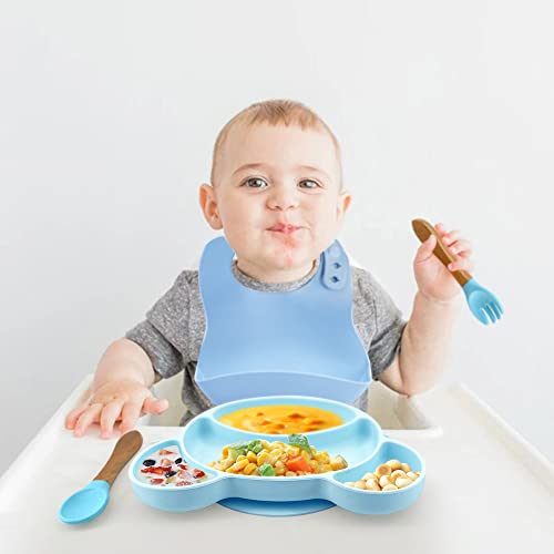 xuan dian Silicone Baby Feeding Set, Silicone Suction Plate Shape Self Feeding Adjustable Bib,Suction Plate for Baby Toddler with Spoon Fork Adjustable Bib Set-Blue