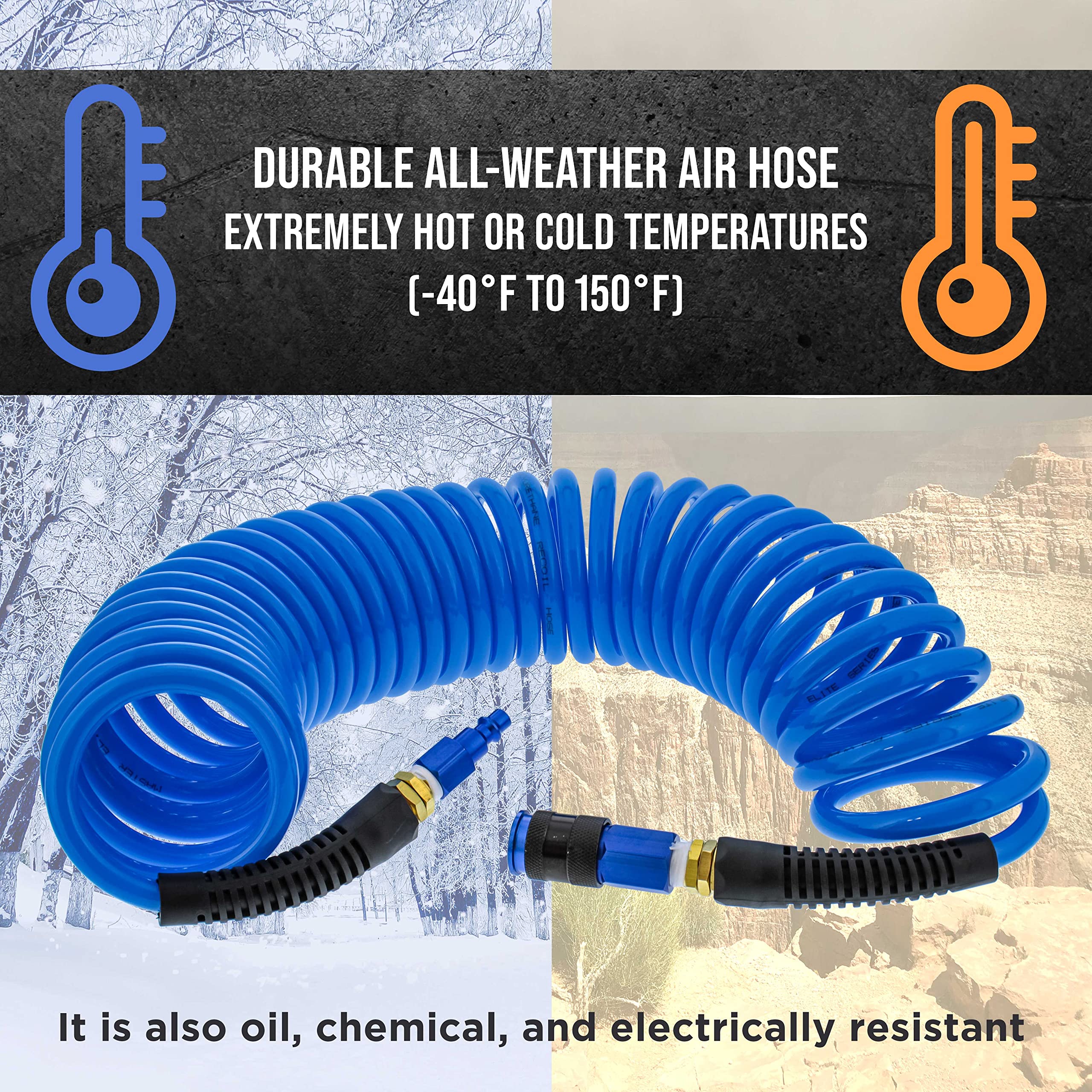 Master Elite Series 1/4" x 25' Polyurethane Recoil Air Hose with Bend Restrictors and 1/4" NPT Male Fitting Ends - Universal Aluminum Quick Coupler, I/M Industrial Plug - Attach Compressors, Air Tools