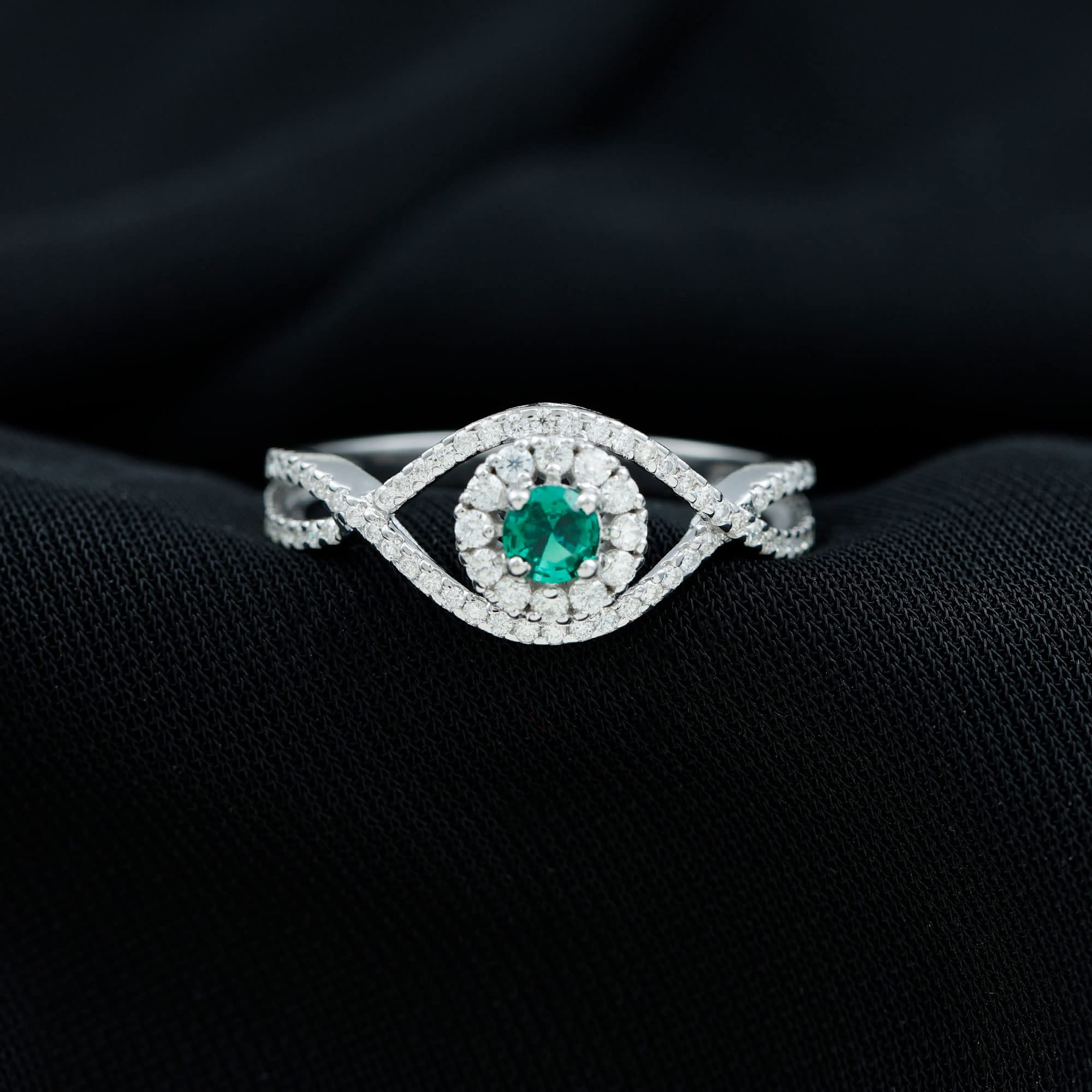 Rosec Jewels Created Emerald Infinity Crossover Ring for Women, AAAA Quality, Emerald Promise Engagement Ring, 14K White Gold, Size:US 9.50