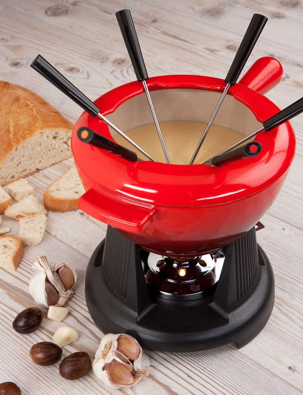 Le Creuset Enameled Cast Iron Cheese Fondue Set, 2-Quart, Cherry