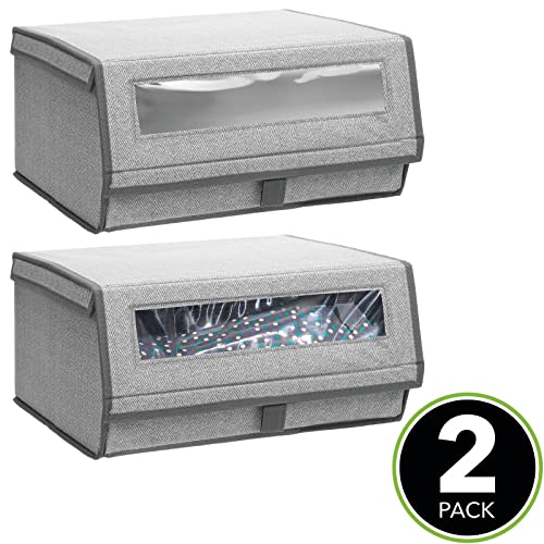 mDesign Large Fabric Closet Shoe Storage Box w/Clear Window - Shoe, Sandal, Sweater, Linen, Clothes Organizer - Boot Storage Solutions - Shoe Bin - Lido Collection, 2 Pack, Gray Herringbone