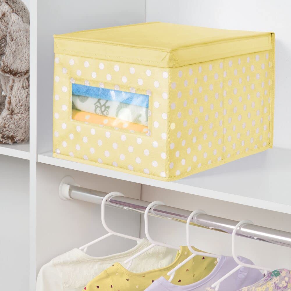 mDesign Large Soft Stackable Fabric Baby Nursery Storage Organizer Holder Bin Box with Front Window/Lid for Child/Kids Bedroom, Playroom, Classroom, Lido Collection, 4 Pack, Lt Yellow/White Polka Dot