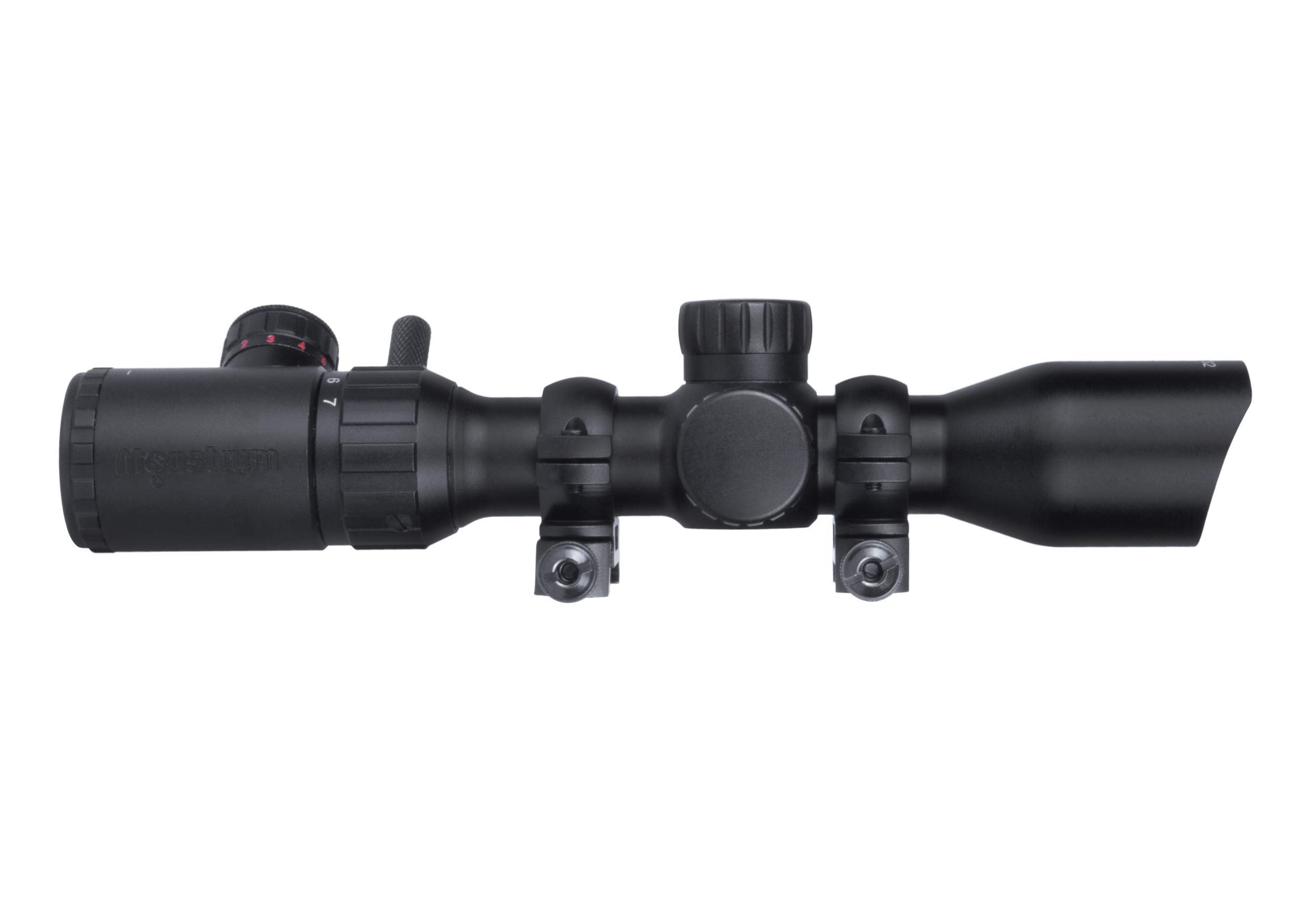Monstrum 2-7x32 Rifle Scope with Rangefinder Reticle | Monstrum Offset Picatinny Scope Rings | Bundle