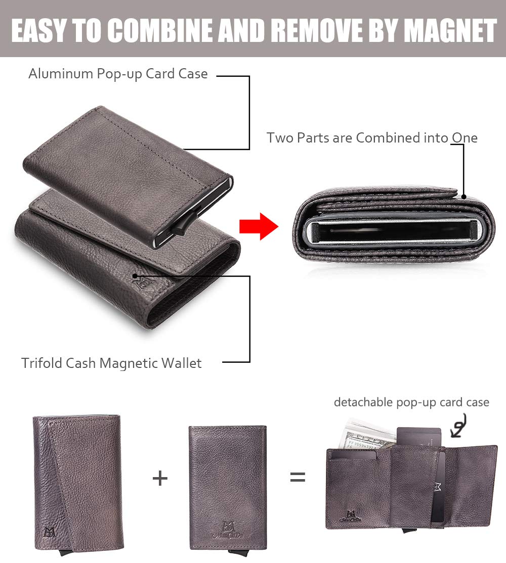 ManChDa Genuine Leather Wallet Slim RFID Blocking Magnetic Wallet for Men Trifold Wallet Aluminum Detachable Wallet Pop up Card Wallet Card Case Holder Clip Money Organizer(Grey 2)
