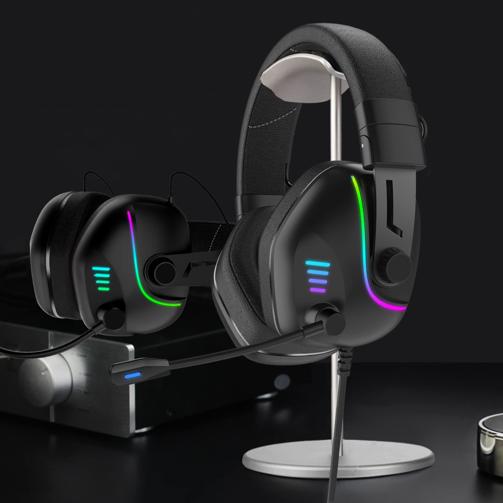 Stereo Gaming Headset with Noise Cancelling Microphone Over Ear Headphones, LED Light, Bass Surround, Soft Memory Earmuffs Portable Foldable -for PC, PS4, PS5, Xbox One, Switch (Black)