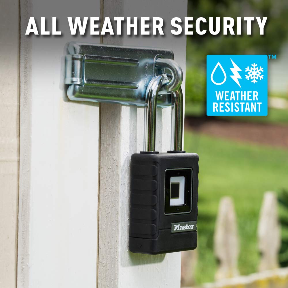 Master Lock 4901DLH Fingerprint Lock Heavy Duty Outdoor Biometric Padlock, Black