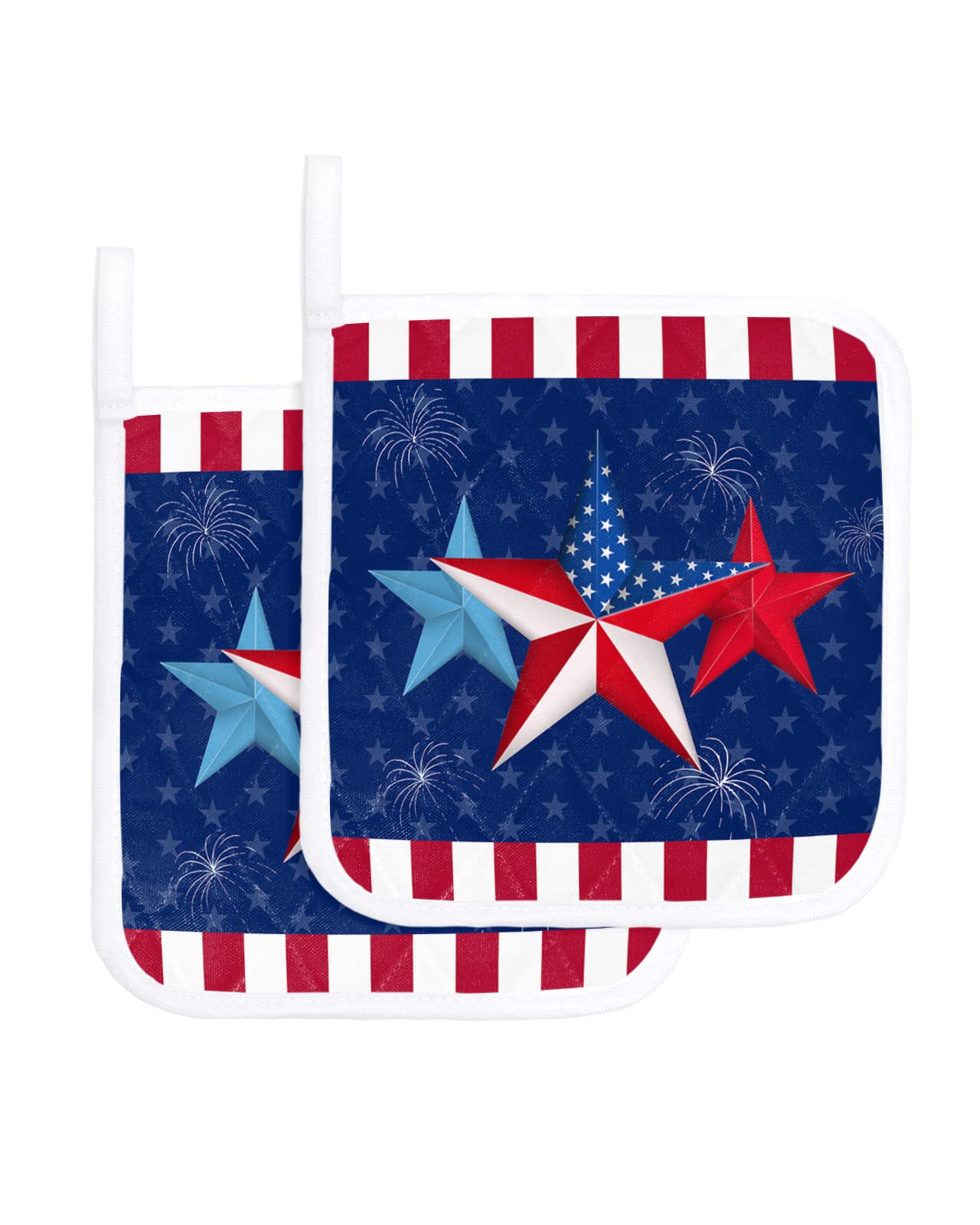 Pot Holders Set of 2,Pentagram US Flag Fourth of July Potholder for Kitchen Heat-Proof Hot Pads,Stars and Stripes Fireworks Hot Mats Potholders for Cooking Baking BBQ