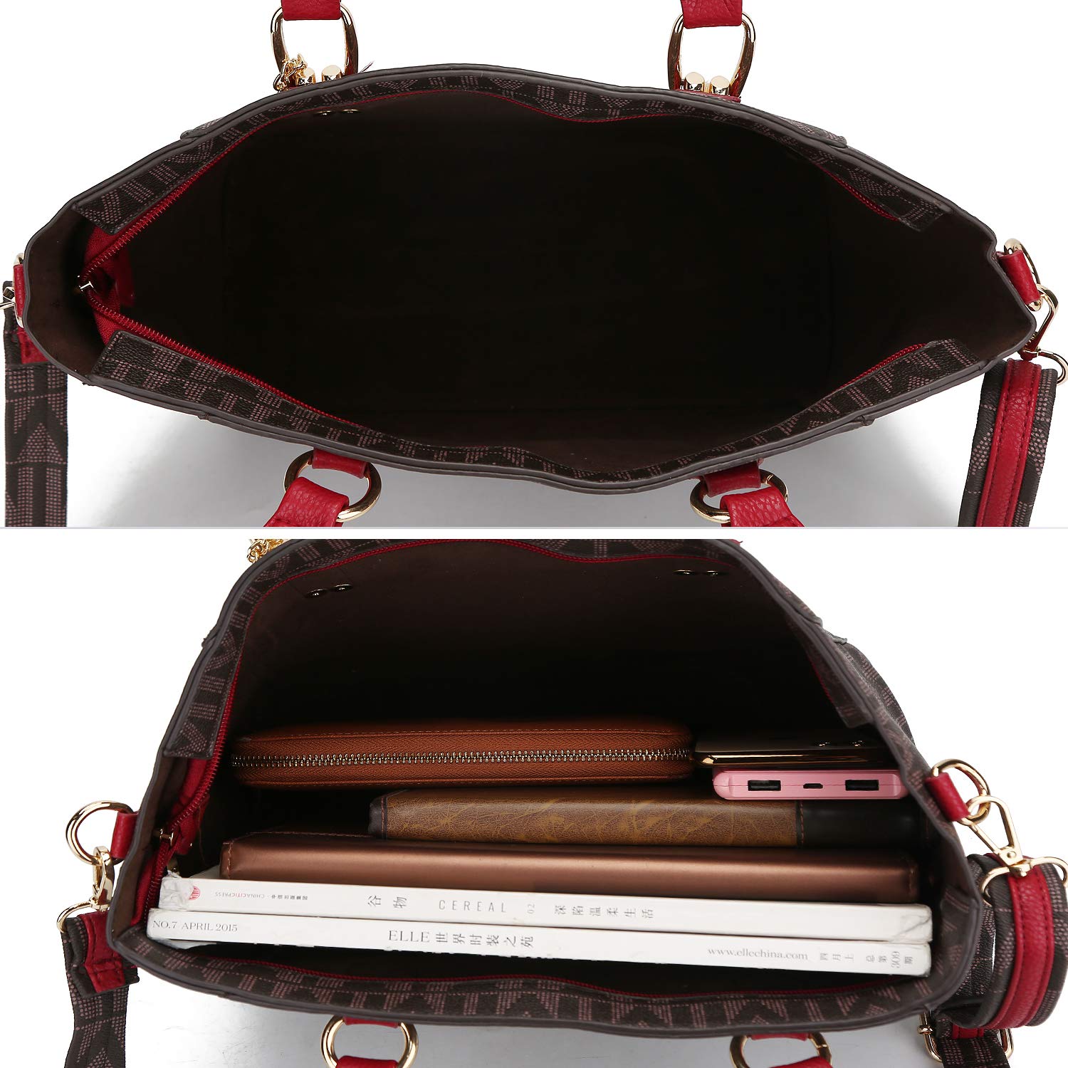 MKF Tote Shoulder Bag, Satchel Handbag for Women Set PU Leather Top Handle Purse, Gold-Tone Hardware Red