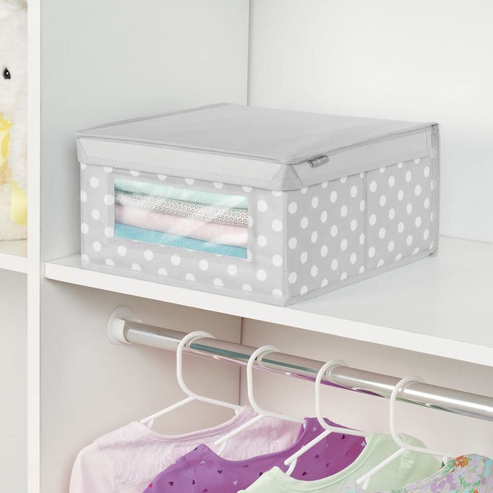mDesign Medium Soft Stackable Fabric Baby Nursery Storage Organizer Holder Bin Box with Front Window and Lid for Child/Kids Bedroom, Playroom, Classroom, Lido Collection, 8 Pack - Gray/White Polka Dot