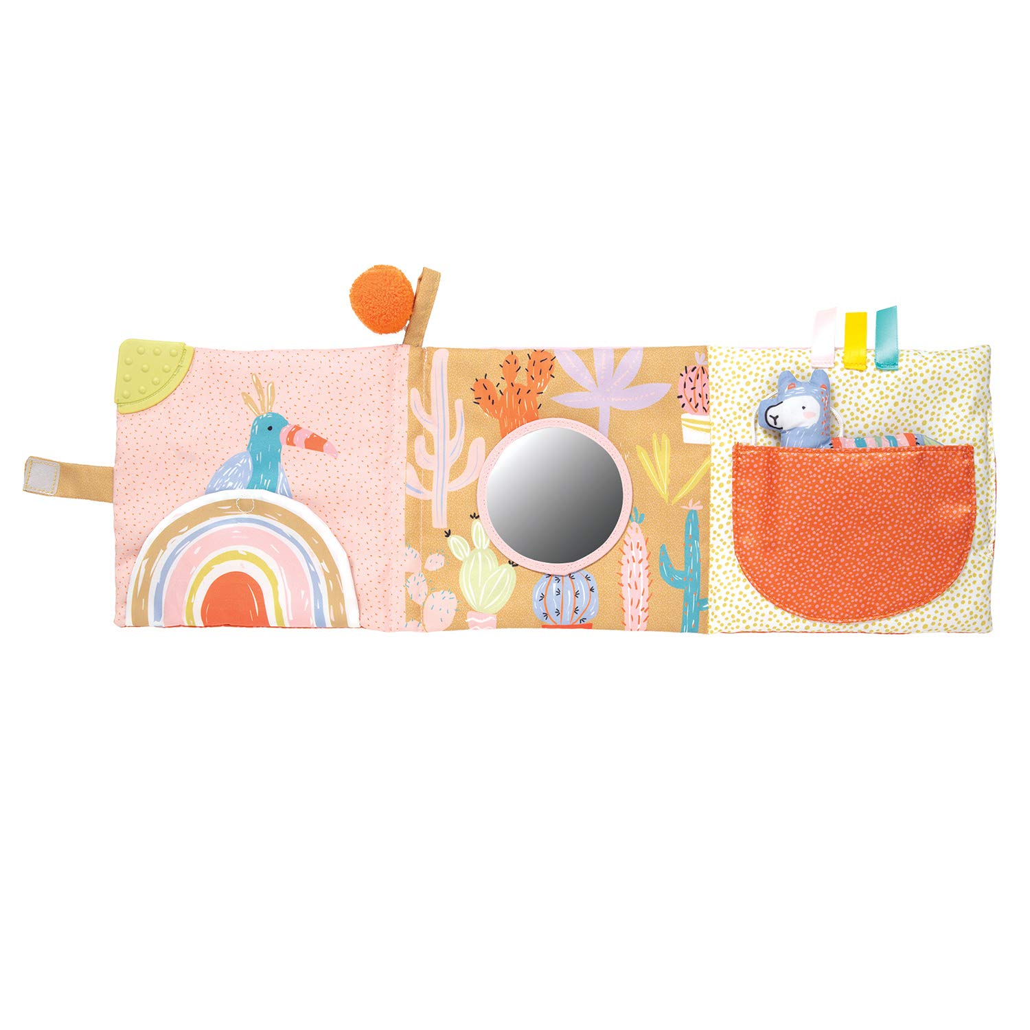 Manhattan Toy Llama Themed Soft Baby Activity Book with Squeaker, Crinkle Paper and Baby-safe Mirror Small
