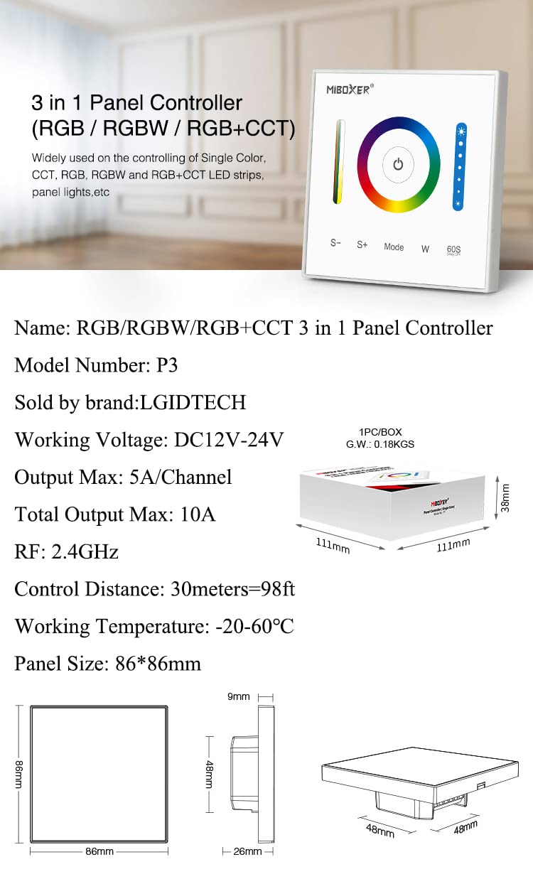 LGIDTECH P3 Miboxer Wall-Mounted Full Touch Panel Controller for 3528 5050 2835 RGB RGBW RGB+CCT Dimmable Color Changing LED Strip Lighting DC 12-24V 10A 120W 240W.Support Voice and DMX512 Control