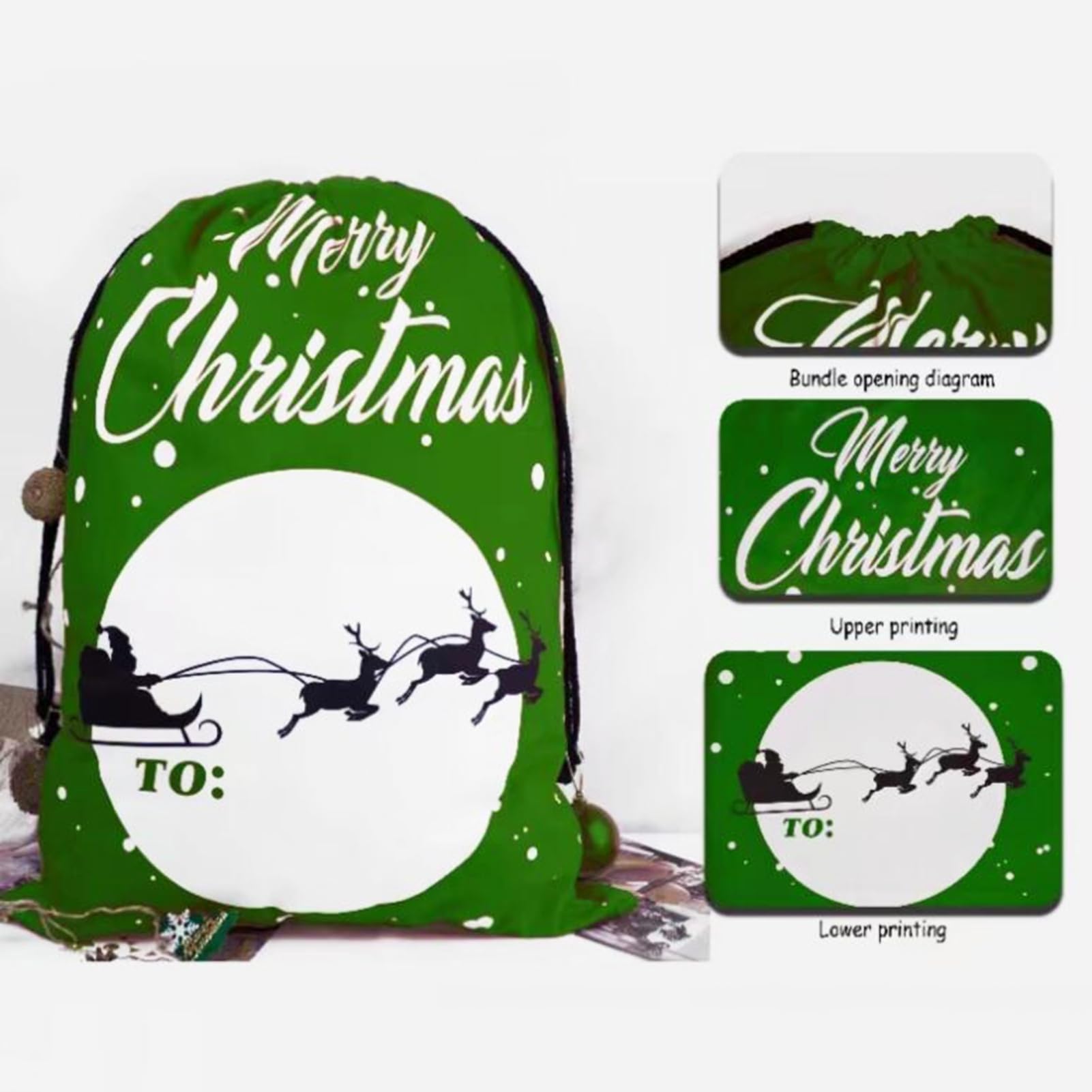 Libcflcc Christmas Party Gift Bag Reusable with Reindeer Sleigh Design Large 70x50cm Size Heavy Duty Washable Cotton Material Festive Drawstring for Holiday Green