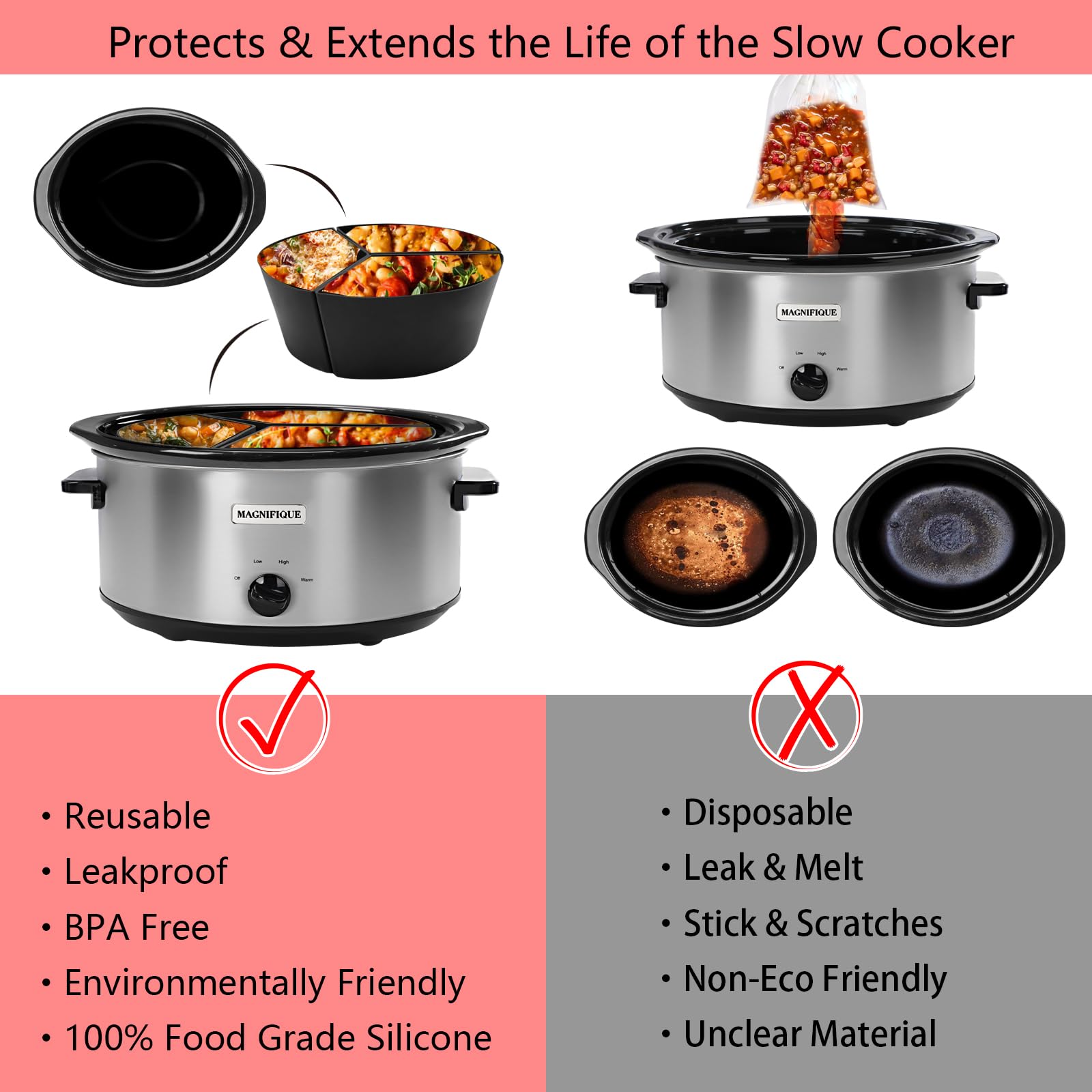 Magnifique Large Capacity Slow Cooker with Grey Silicone Liners, Perfect Kitchen Small Appliance for Family Dinners, 6 Quart, Stainless Steel