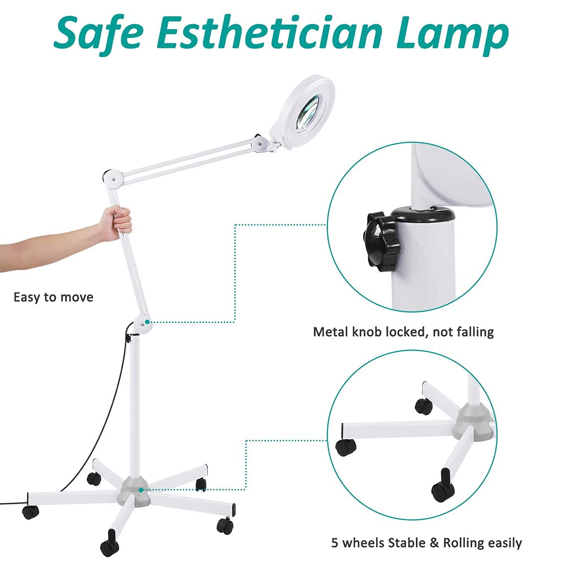 Magnifying Floor Lamp with 5 Wheels Rolling Base, 8 Diopter Real Glass Lens, 5X Magnifier with 2200 Lumens Dimmable LED Light for Close Work, Adjustable Swivel Arm Standing Lamp for Lash Extensions