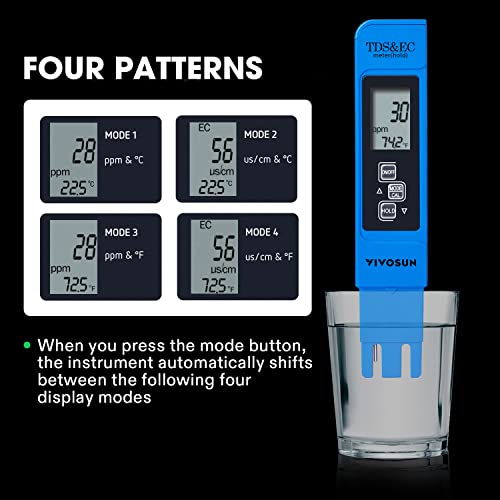 VIVOSUN TDS Tester 3-in-1 TDS EC & Temperature Meter Ultrahigh Accuracy Digital Water Quality TDS Tester (Blue)