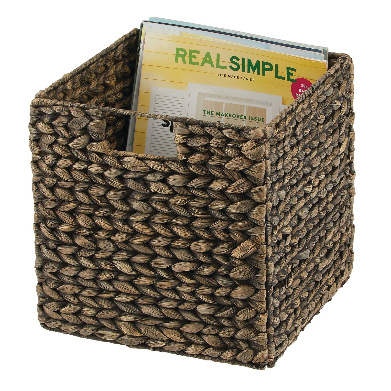 mDesign Natural Woven Hyacinth Cube Organizer Basket with Handles, Storage for Bathroom, Laundry Room Shelf or Nursery - Perfect for Cubby Storage Units - Hold Blankets and Books - 2 Pack, Black Wash