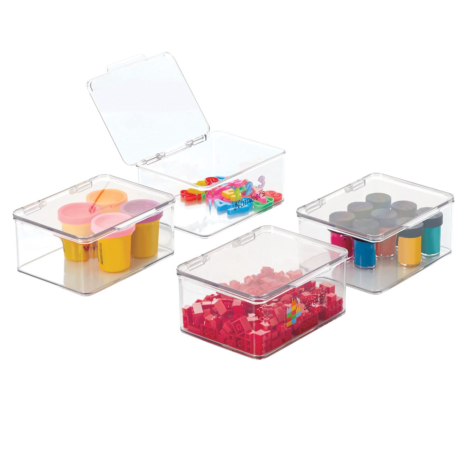 mDesign Plastic Stackable Storage Organizer Toy Box with Lid for Action Figures, Crayons, Markers, Building Blocks, Puzzles, Craft or School Supplies - Pack of 4, Includes 32 Labels - Clear