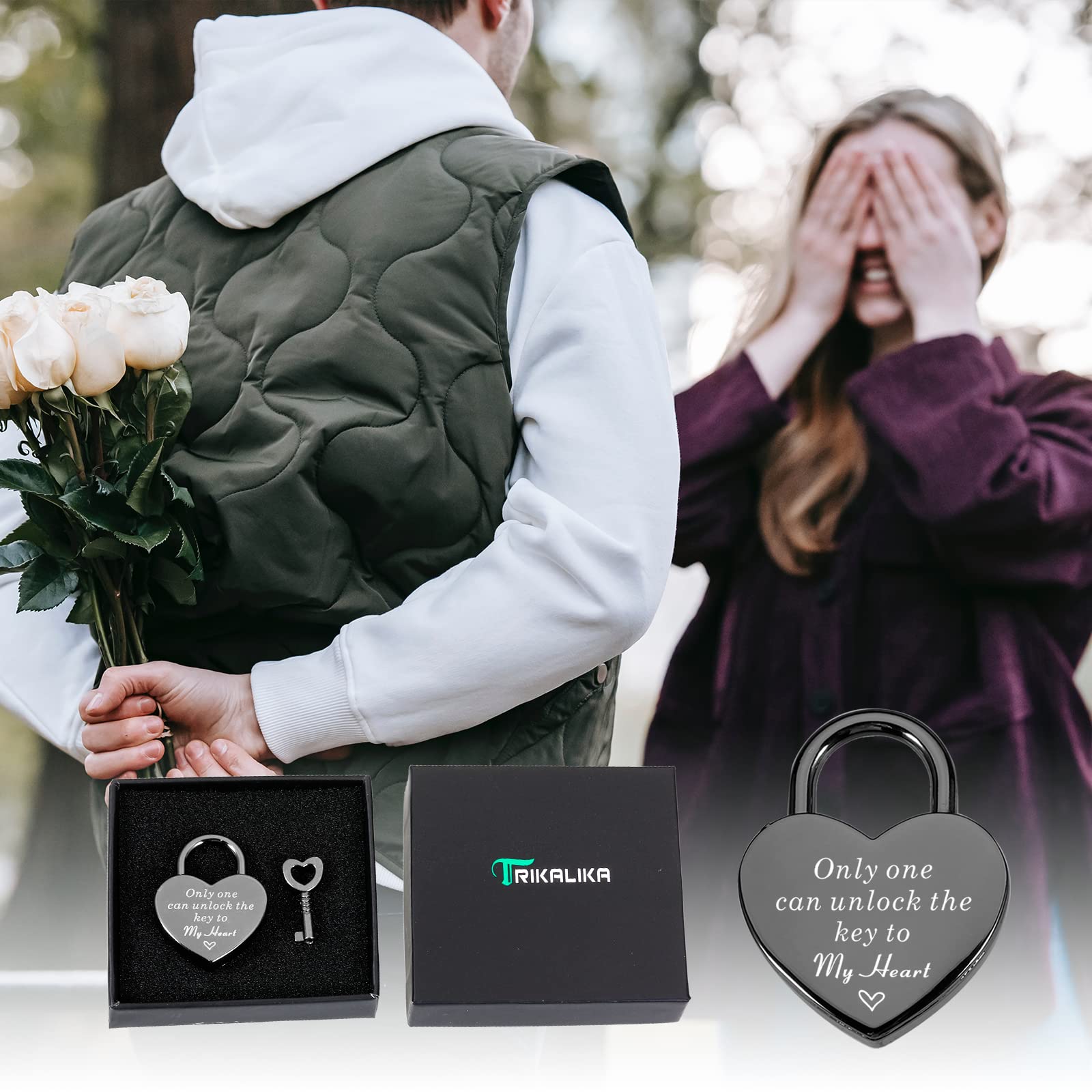 Trikalika Love Lock Key Lock Heart Shaped Keepsake for Couples, Black, 30mm x 25mm
