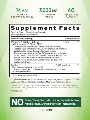 Nature's Truth Probiotics for Women | 5 Billion CFUs Daily | 40 Vegetarian Capsules | with Cranberry | Non-GMO & Gluten Free | No Refrigeration Needed