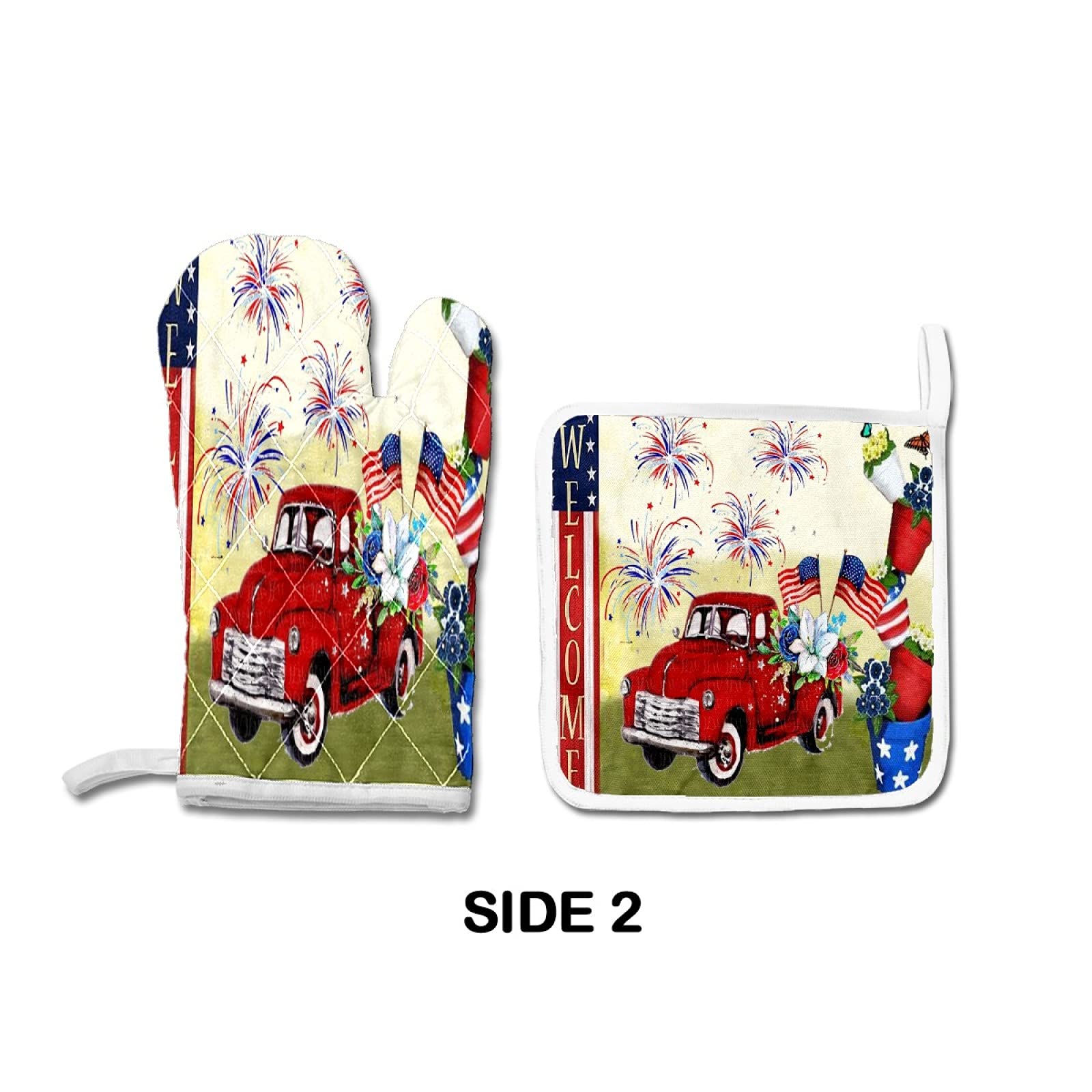 Oven Mitts and Pot Holders Kitchen Gloves Non Slip Oven Mitts and Hot Pads BBQ Gloves Oven Mitts and Hot Pads for Kitchen Cooking Baking Grilling Spring Patriotic Small Red Truck American Flag