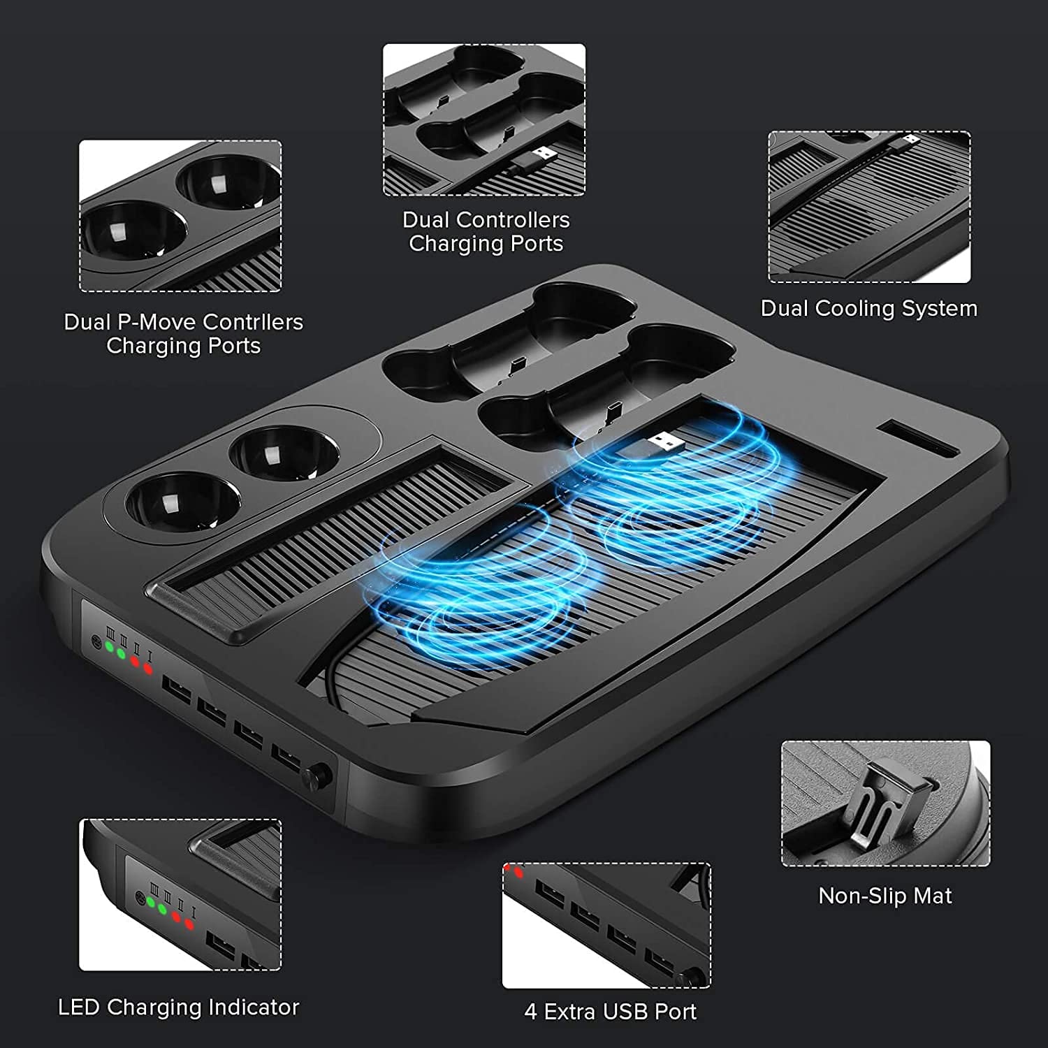 PS5 Charging Stand for Playstation 5/PS5 Ultra HD with Cooling Fan/P-Move Controller Charger/P-VR 1/2 Converter Storage Stand,PS5 Vertical Station Dock with 4 Controller Chargers Game Storage