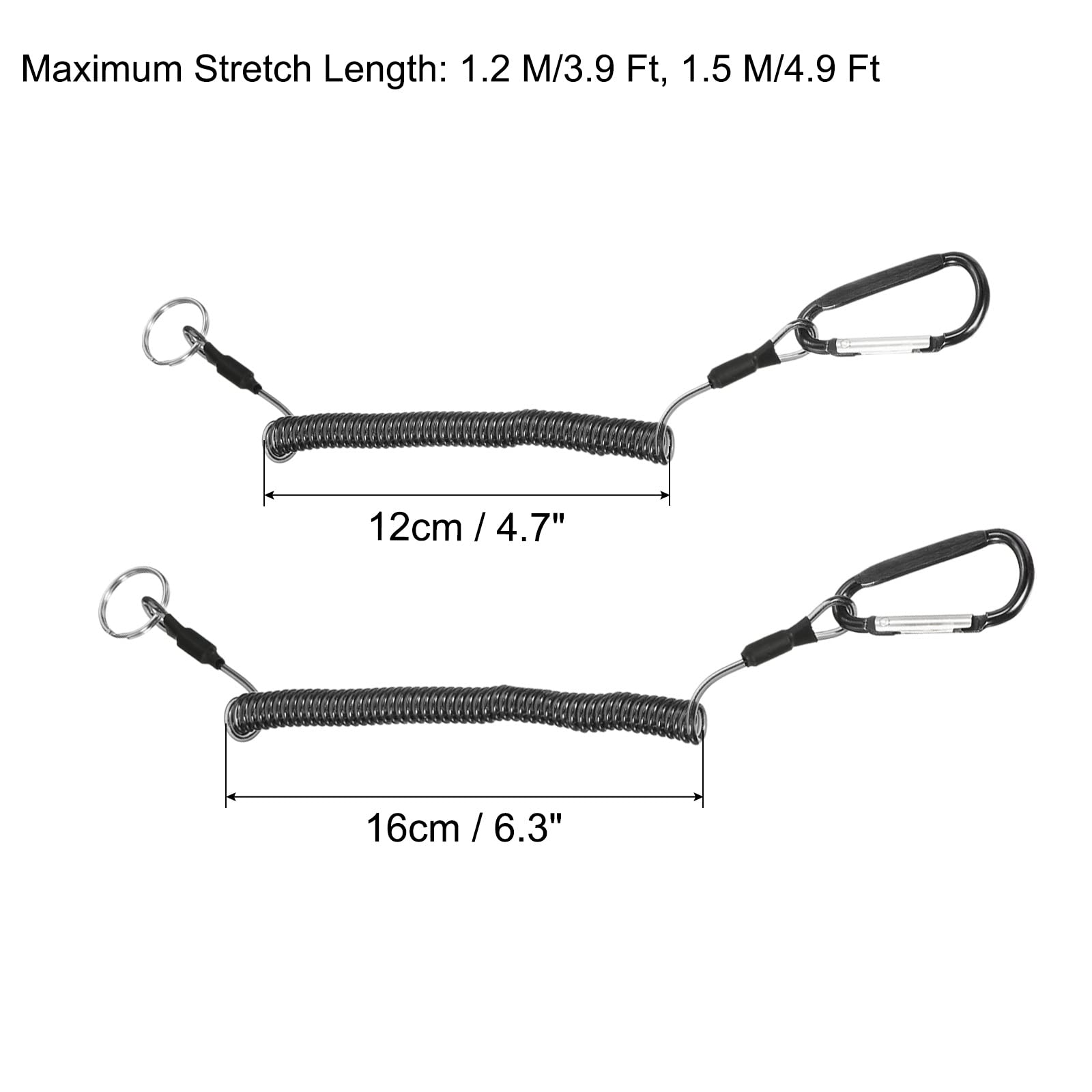 PATIKIL 3.9/4.9ft Fishing Tool Lanyard, 1 Set/6Pcs Safety Cord Spiral Lanyard Tether Retractable with Metal Clip Keyring for Boating Kayak, Clear Black