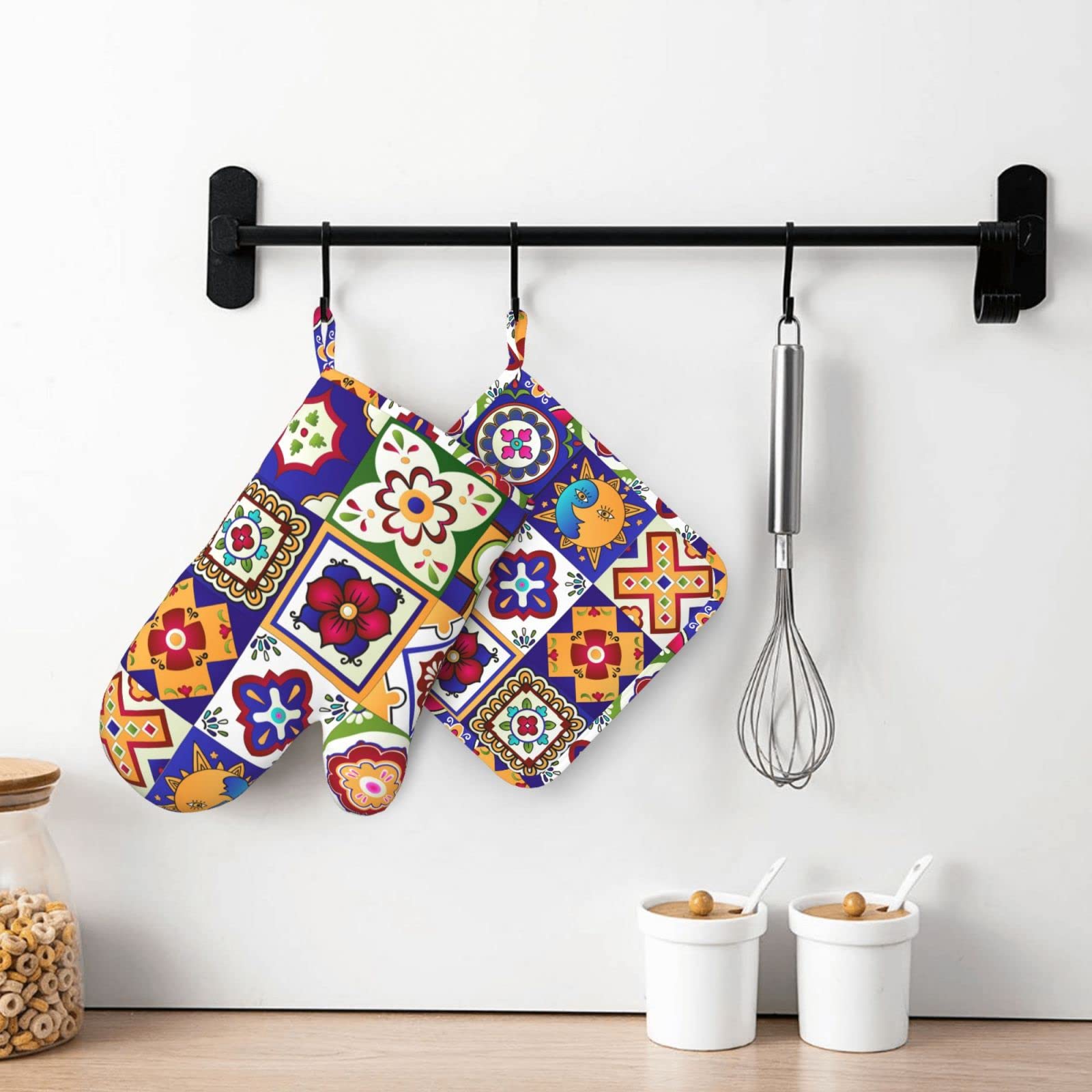 Oven Mitts and Potholders Colorful Geometric Ethnic Silicone Glove Heat Resistant, Kitchen Gloves for Cooking, 2-Piece Set
