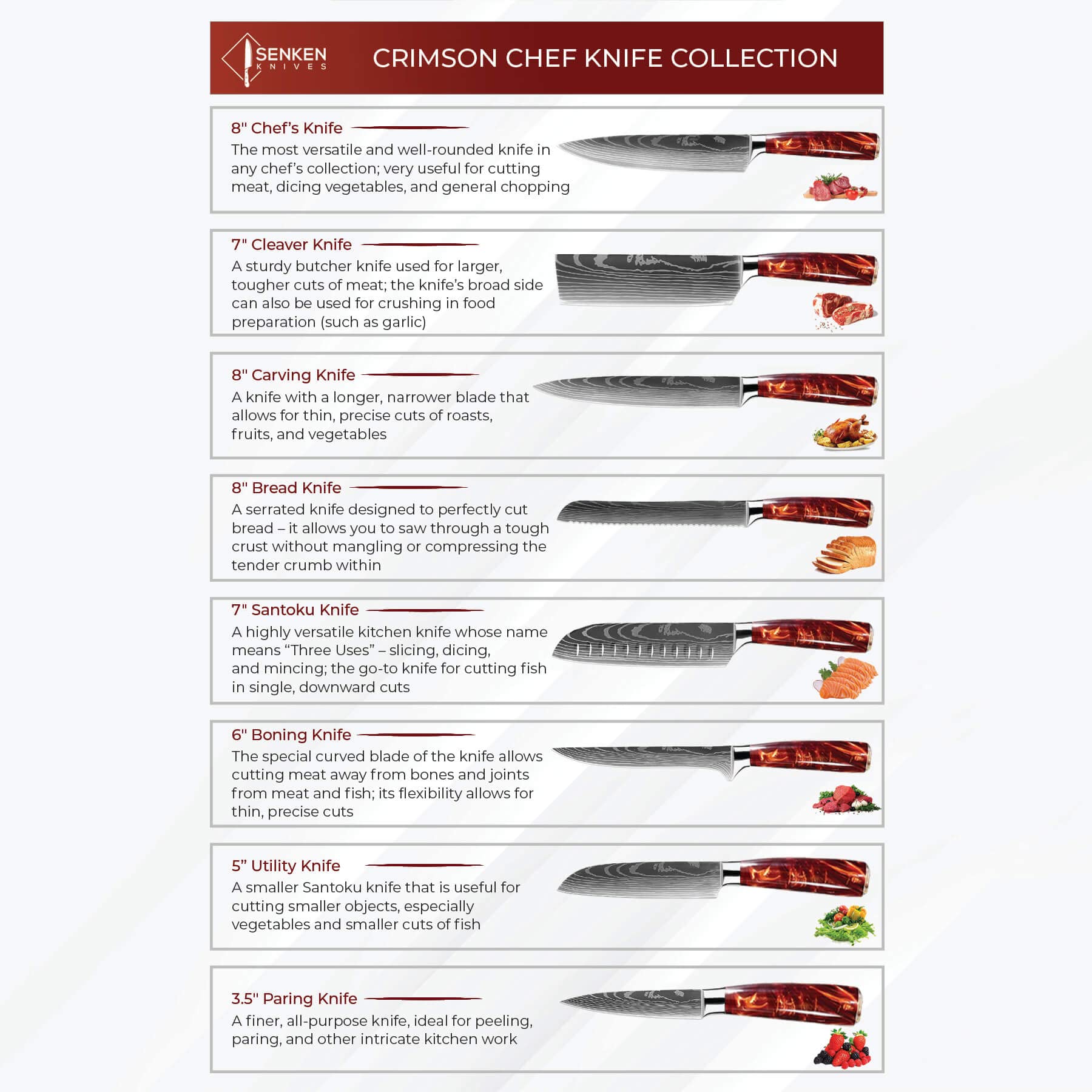 SENKEN 8-piece Japanese Kitchen Knife Set with Red Resin Handle and Laser Damascus Pattern - Crimson Collection - Chef's Knife, Santoku Knife, Paring Knife, & More - Ultra Sharp for Very Fast Cutting