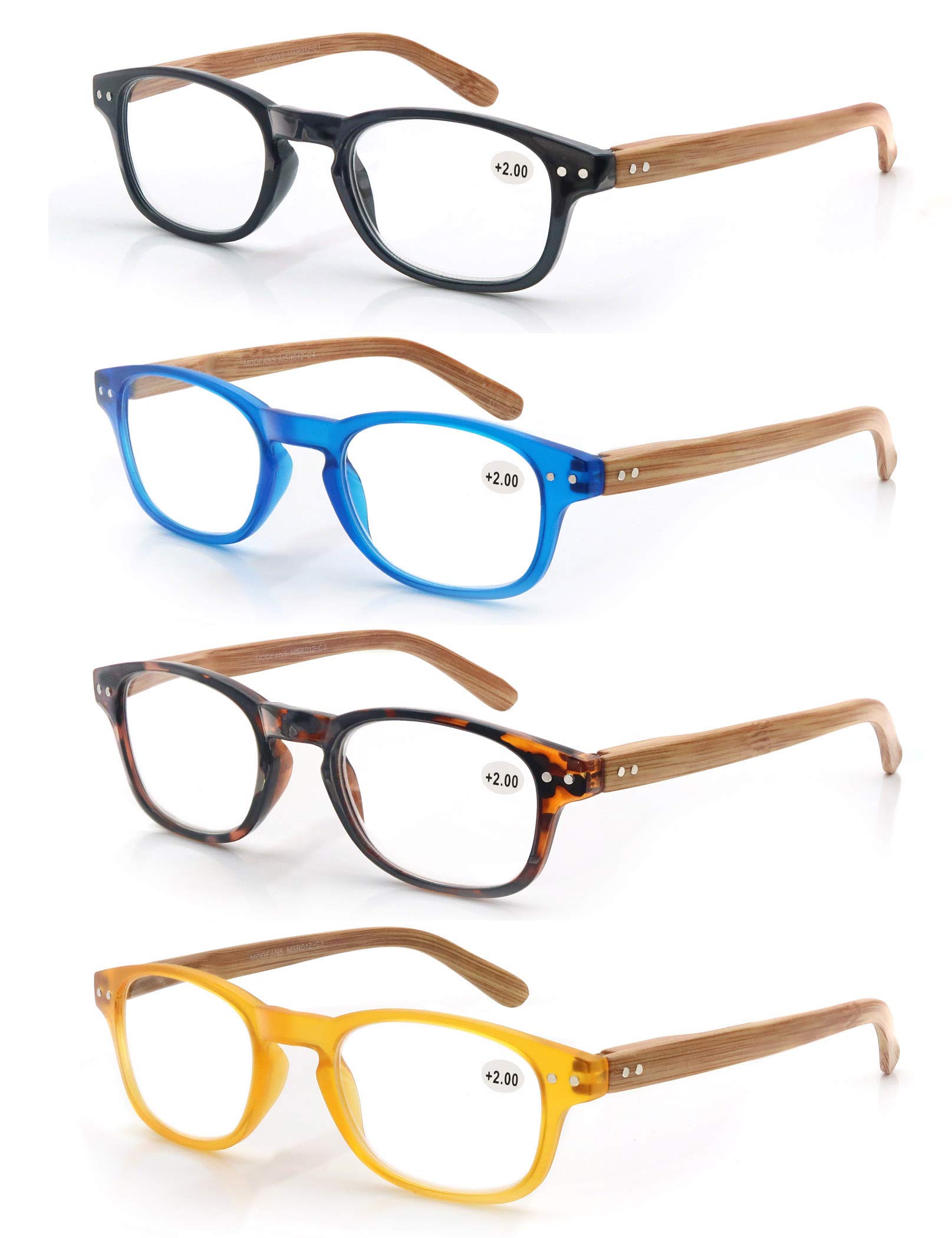 MODFANS 4 Pack Reading Glasses 1.5 Fashion Wood-Look Spring Hinges Stylish Readers Men Women