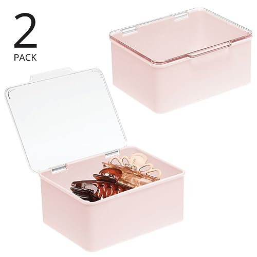 mDesign Plastic Cosmetic Storage Organizer Box Containers, Hinged Lid for Bedroom, Bathroom Vanity Shelf or Cabinet, Holds Masks, Palettes, Nail Polish, Lumiere Collection, 2 Pack - Light Pink/Clear