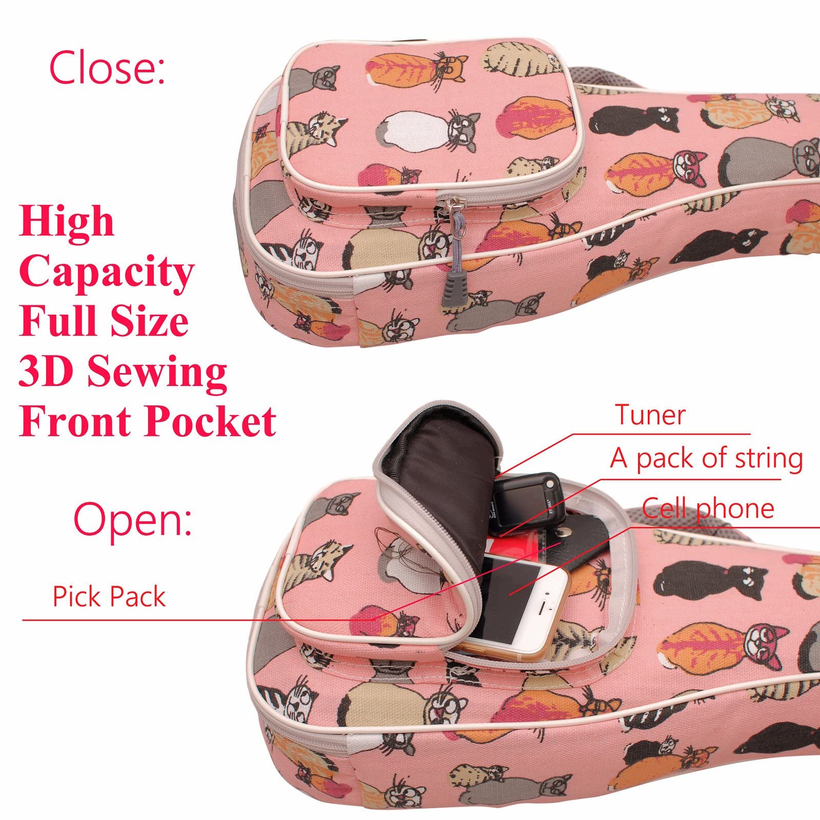 MUSIC FIRST Canvas MISS CAT ukulele case ukulele bag, Double Shoulder Straps, Original Design (Fit for 21 inch Soprano Ukulele, Double Shoulder Straps)
