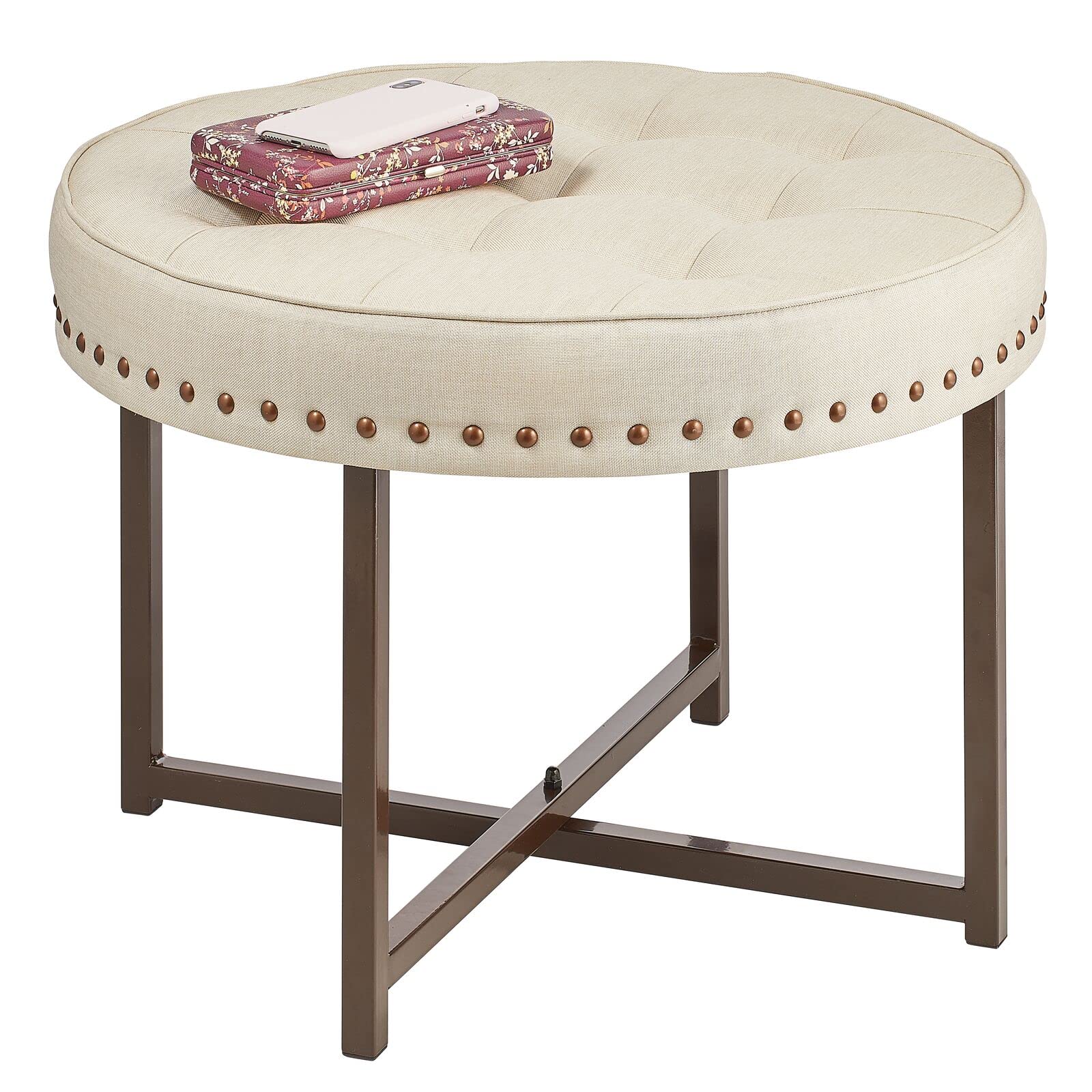 mDesign Small Household Round Padded Stool with Studs - Sleek, Modern Design - for use in Closet, Bedroom, Bathroom, Entryway, Home Office - Cream/Bronze
