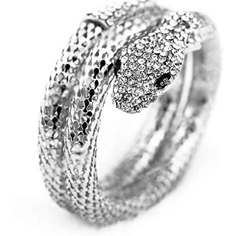 Mandy Xia Punk Rhinestone Curved Stretch Snake Animal Cuff Bangle Bracelet for Women Ladies Wristband Jewelry (Silver)