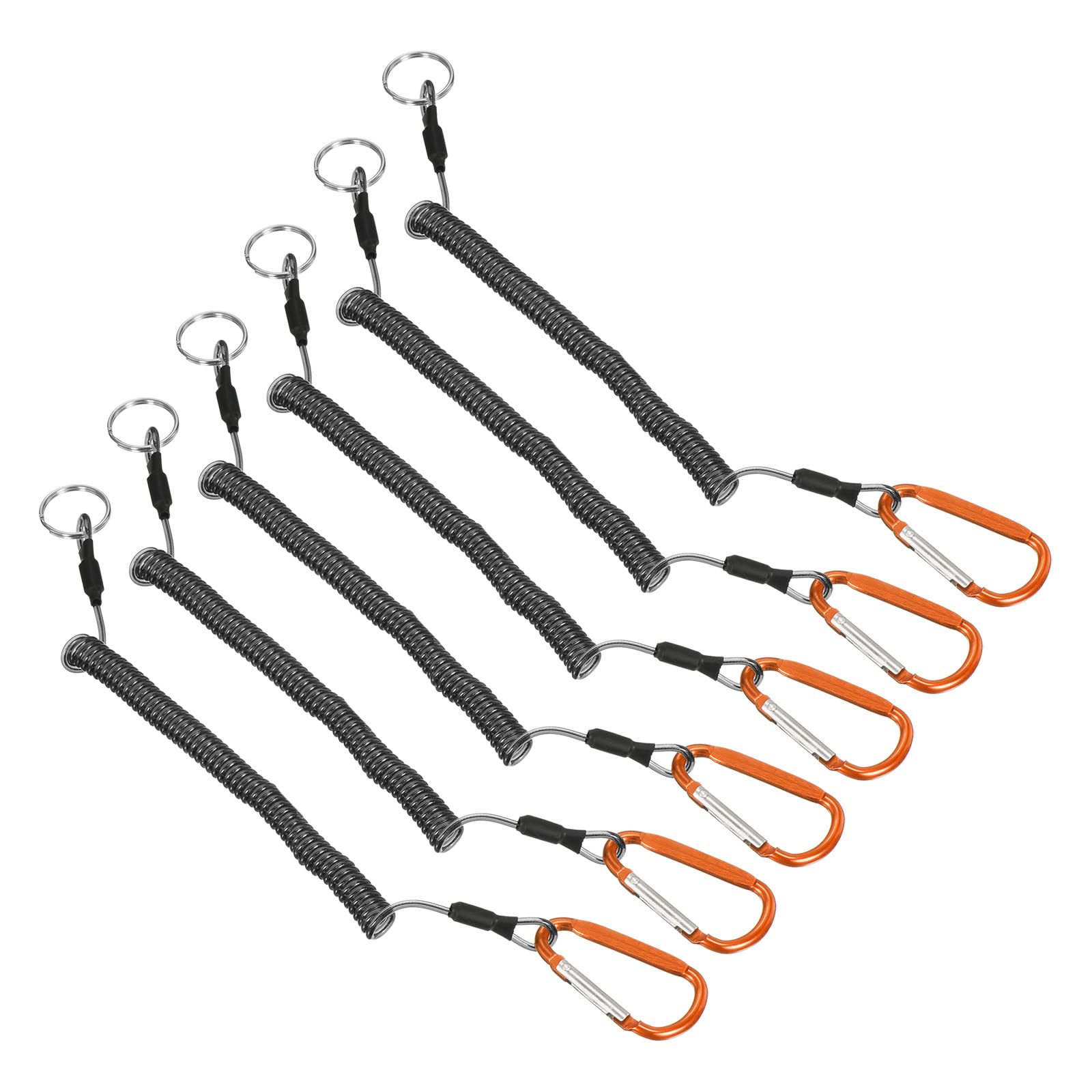 PATIKIL 4.9ft Fishing Tool Lanyard, 6 Pack Safety Cord Spiral Lanyard Tether Retractable with Orange Metal Clip Keychain for Boating Kayak, Clear Black