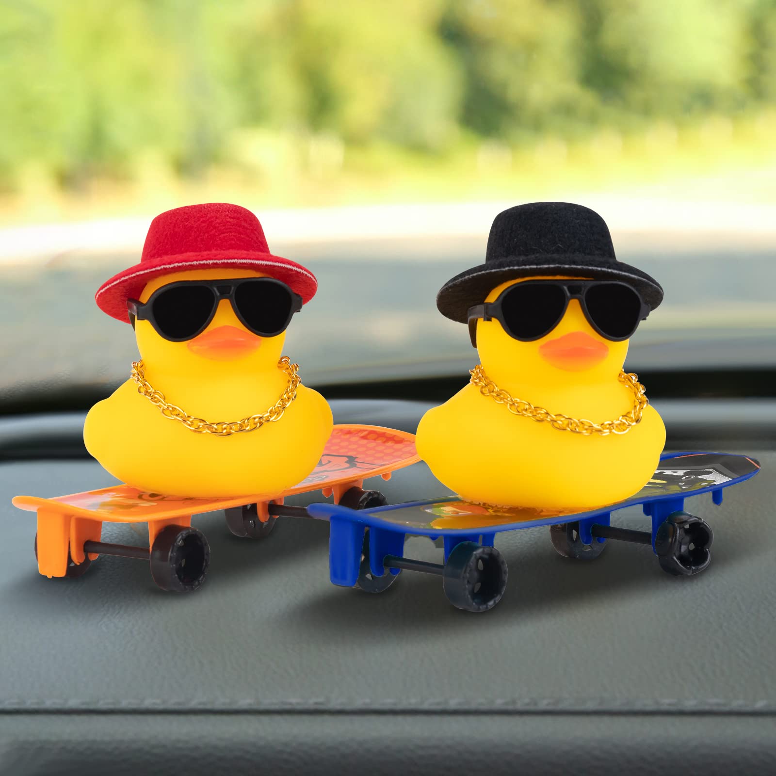 wonuu Car Duck Ornament Rubber Duck Car Dashboard Decoration for Car Dashboard Decoration Accessories with Mini Hat, Necklace, Sunglasses, Chair or Skateboard