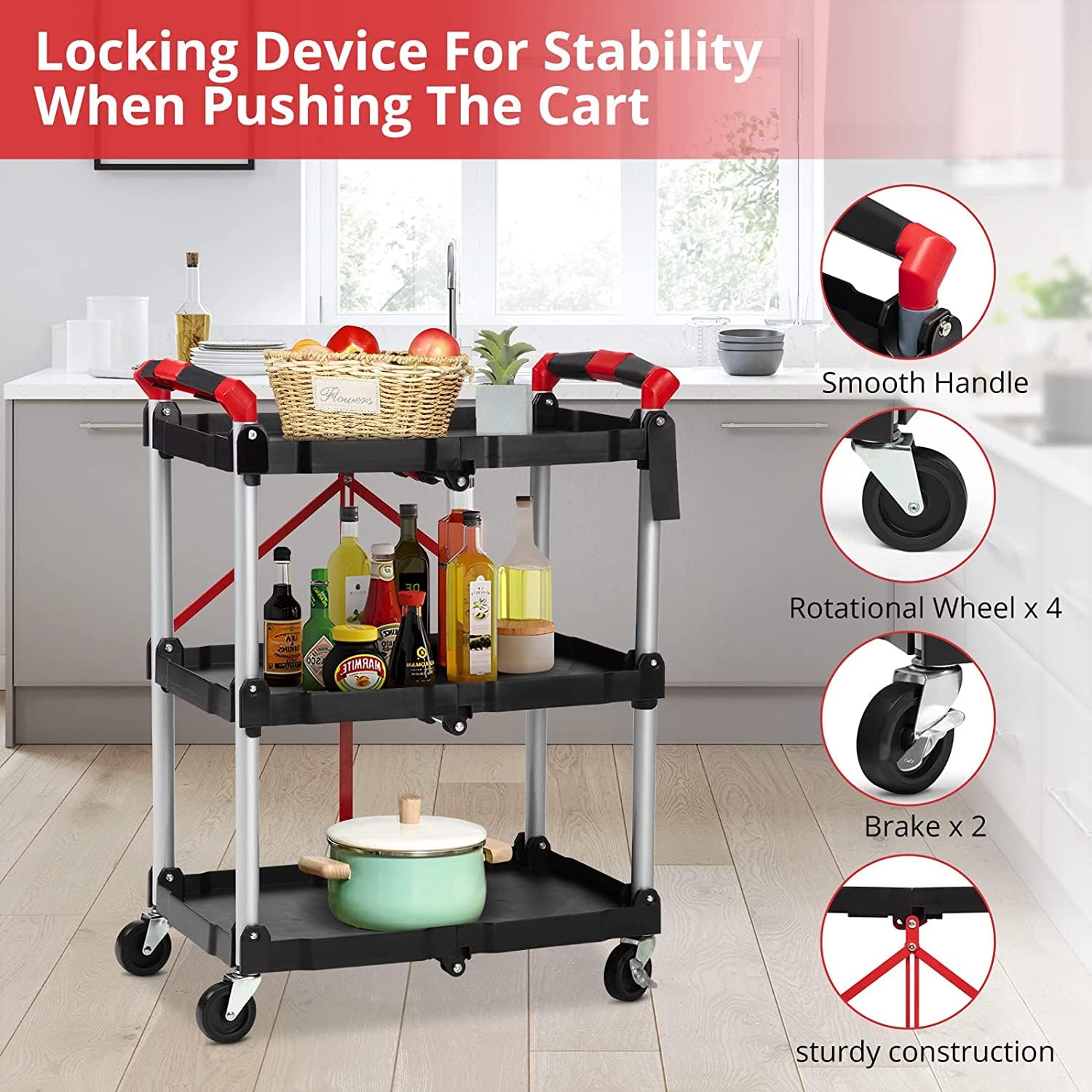 Portable Folding Service Cart, 3-Tier Fold Up Rolling Cart, Collapsible Push Cart with Wheels, 56 Lbs Load Capacity per Shelf Folding Utility Carts for Home/Office/Warehouse