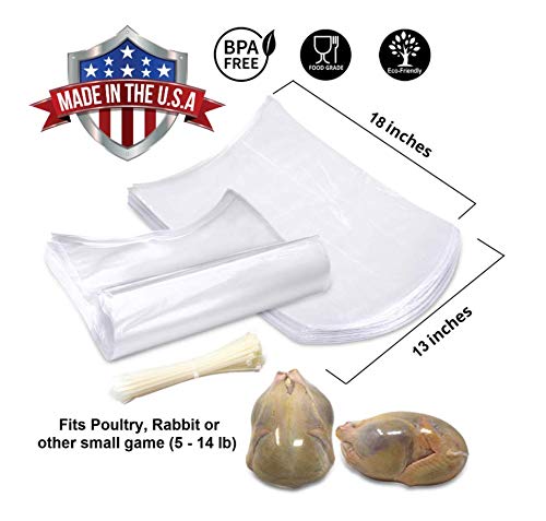Poultry Shrink Bags - Clear 13" x 18" Chickens or Rabbits - w/zip ties included / 2.5 Mil/Freezer Safe Commercial Grade BPA BPS Free (25)