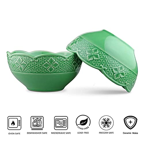 STAR MOON Set of 2 Large Ceramic Soup Bowls - Elegant and Durable 19 Oz Emerald Green Bowls for Serving, Cereal, Soup, and More - Microwave and Dishwasher Safe - Four-Leaf Clover Collection