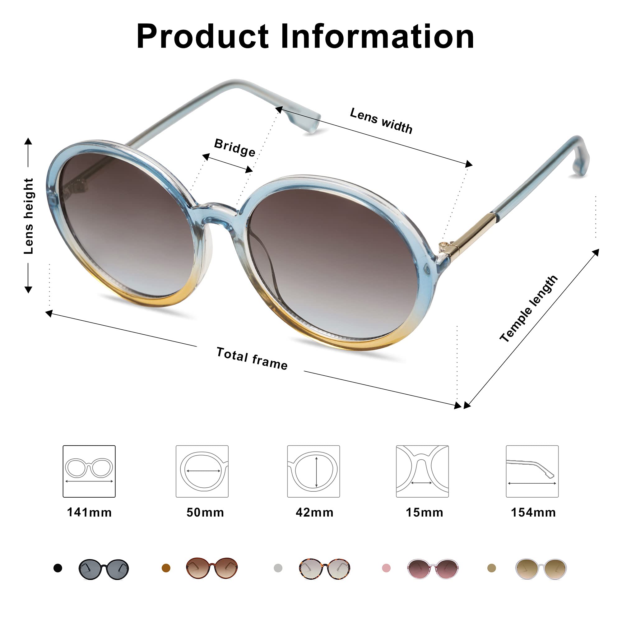 SOJOS Vintage Round Sunglasses for Women Classic Retro Designer Style SJ2121 with Transparent Blue Yellow Frame Gradient Grey Lens