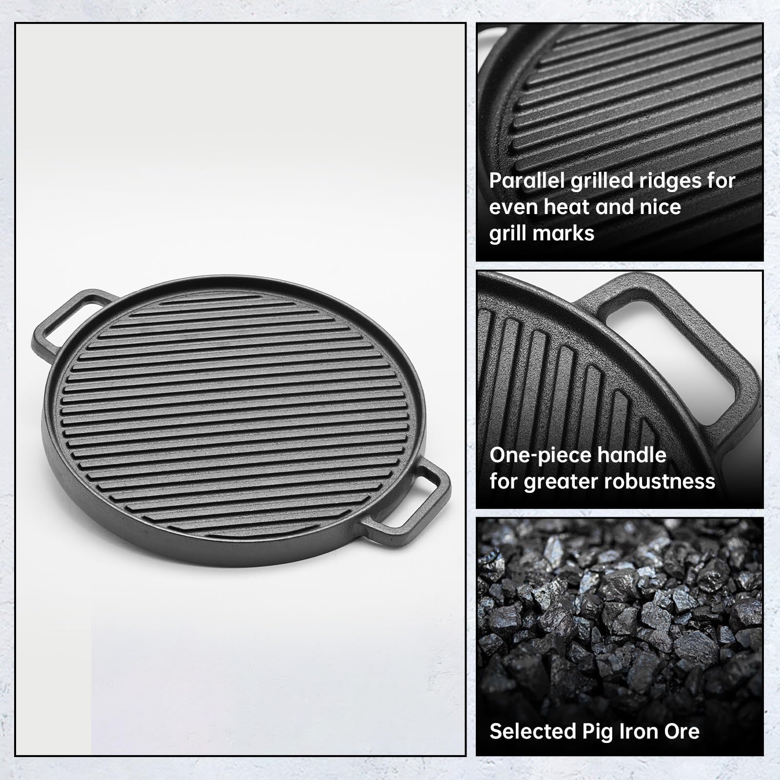 WANGYUANJI Cast Iron Grill Pan,11.8inch Round Cast Iron Skillets with Dual Handles for Barbecue,Suitable for All Stoves with Spatula and Brush